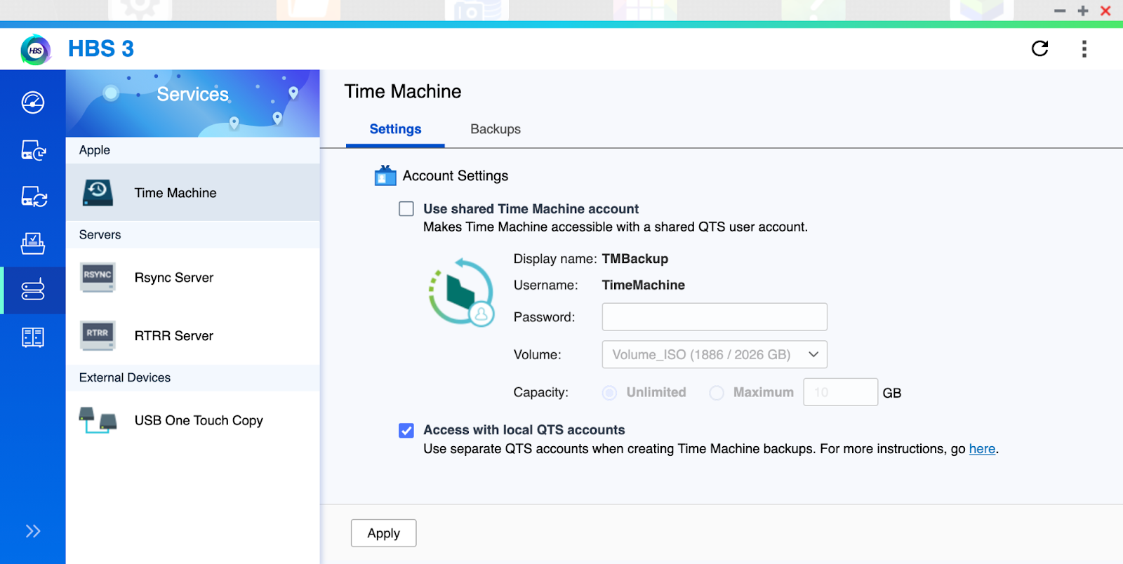 SMB disk is not visible in Time Machine accessing with Local QTS account | QNAP