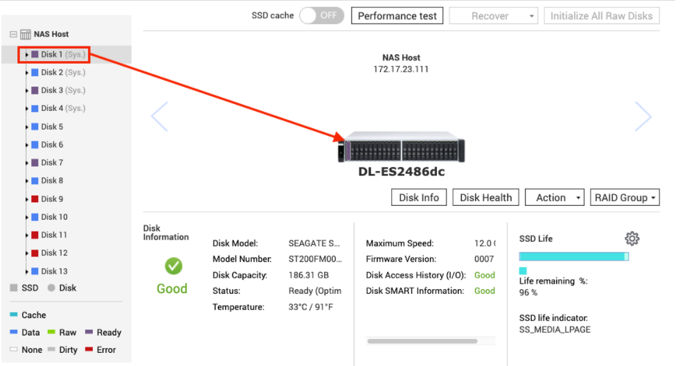 Which slot is the disk slot1 of ES2486dc? | QNAP