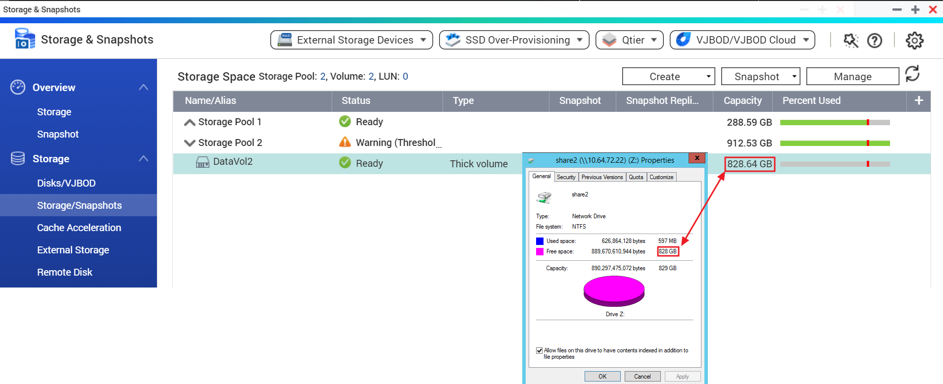 Why does the free space shown in the client not match NAS web page? | QNAP