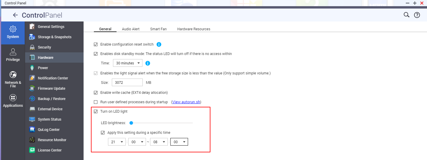How can I specify time schedule to turn ON the LED light on QNAP NAS ...