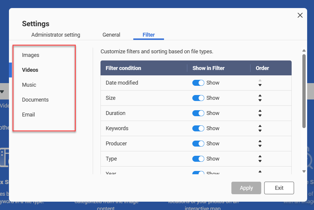 How do I apply filters when searching for Video and Music files with ...