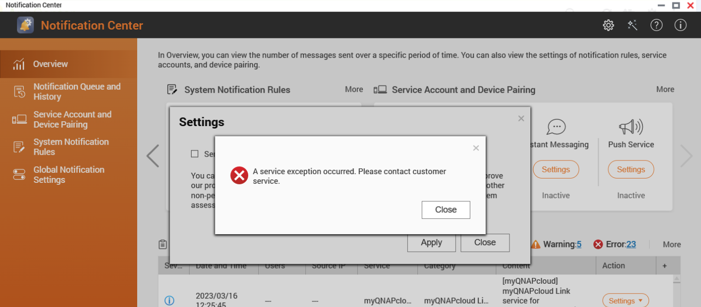 Why did I receive a 'Service Exception Occurred' error in Notification Center? | QNAP