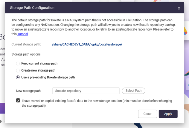 How do I set up or change the storage path in Boxafe 2.0 and later? | QNAP