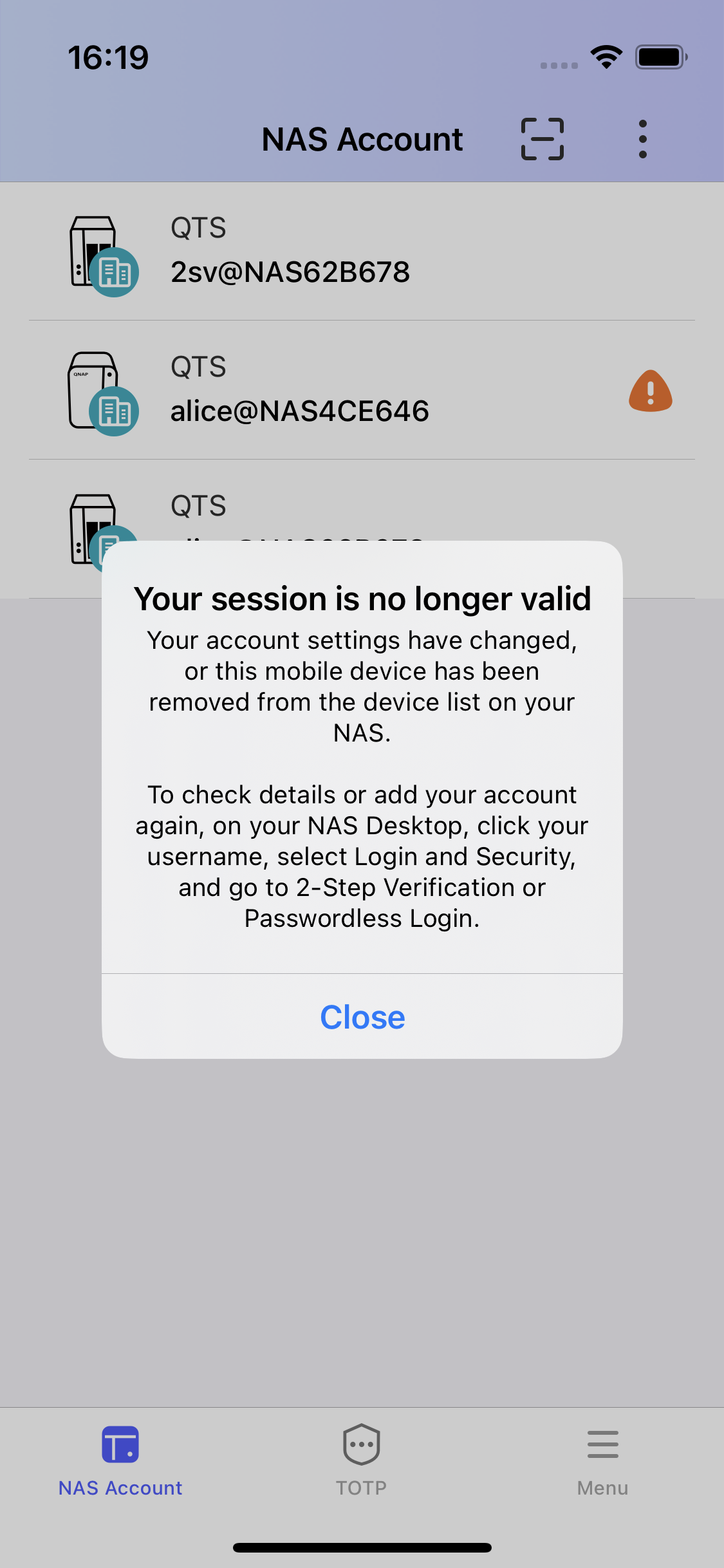 Why does QNAP Authenticator display the message 'Your session is no ...