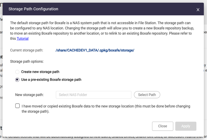 How do I set up or change the storage path in Boxafe 2.0 and later? | QNAP