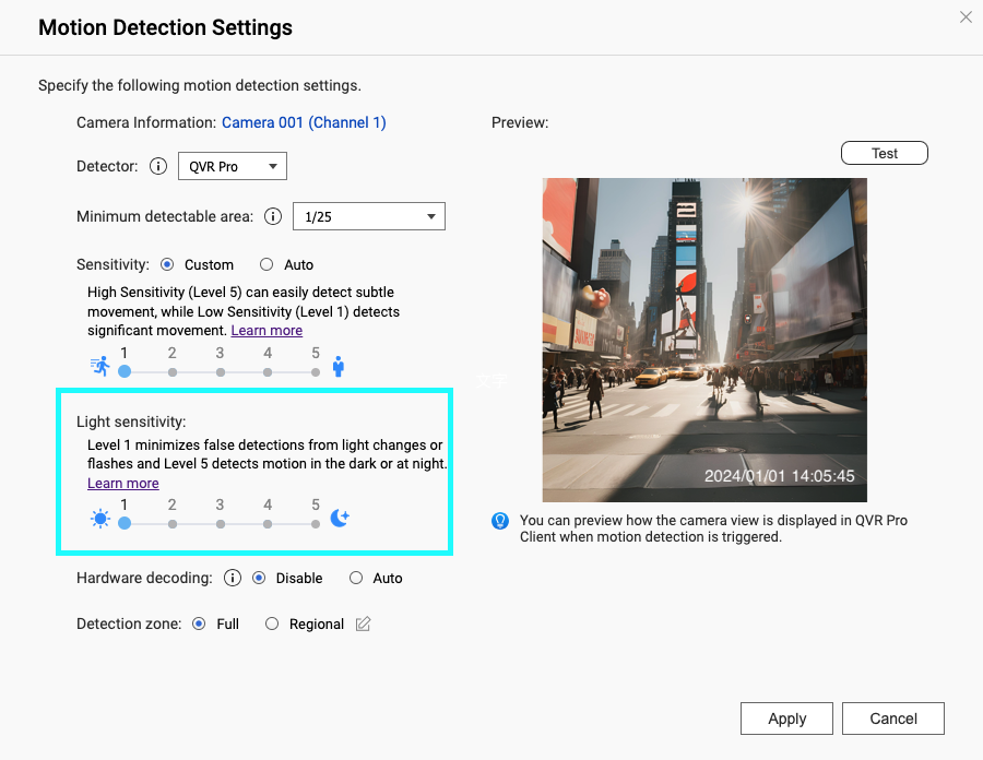 How to configure sensitivity and light sensitivity for motion detection in QVR Pro? | QNAP