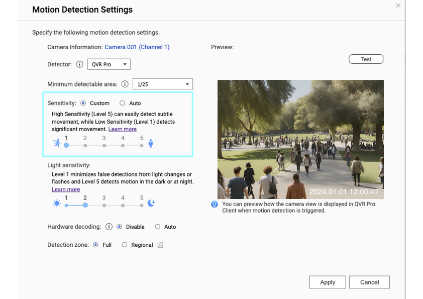 How to configure sensitivity and light sensitivity for motion detection in QVR Pro? | QNAP