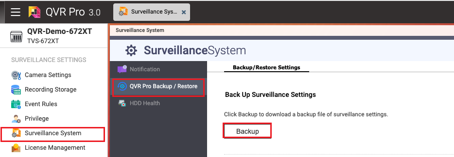 How do I back up the surveillance settings of QVR Pro? | QNAP