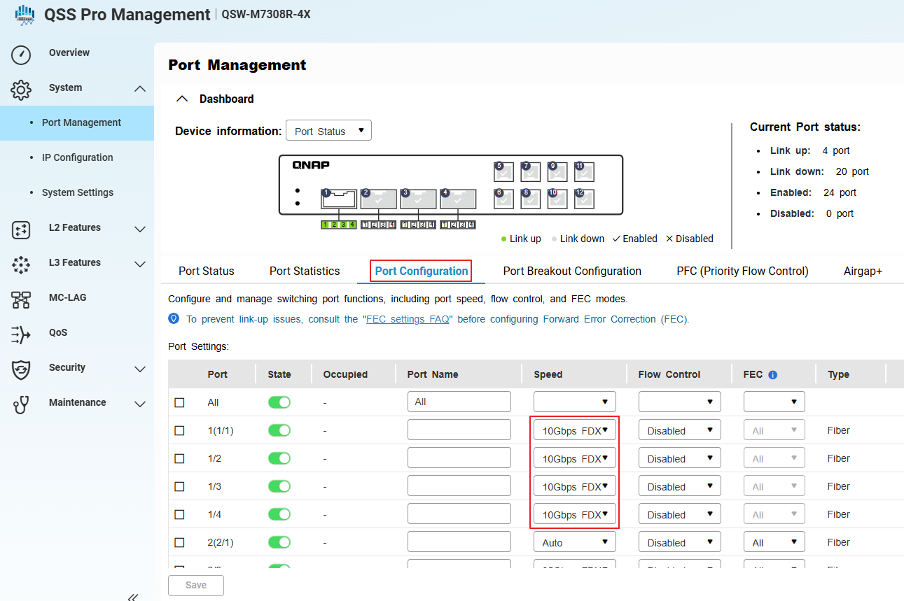 Como configuro um port breakout usando uma porta QSFP28 100GbE no switch QNAP? | QNAP