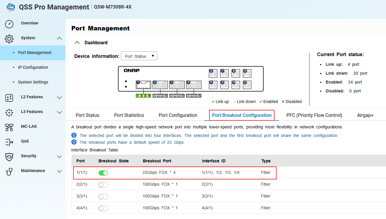 Como configuro um port breakout usando uma porta QSFP28 100GbE no switch QNAP? | QNAP